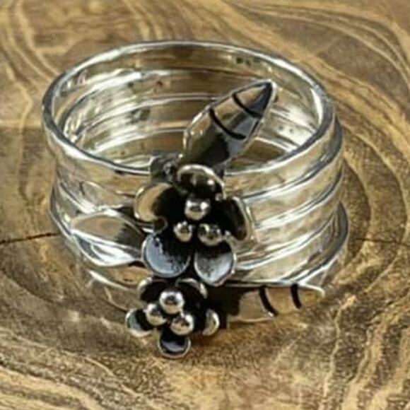Boho Sol | Jewelry | Stacked Sterling Silver Band Ring With Flower ...